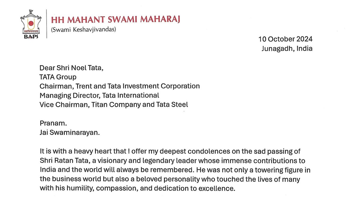 Mahant Swami Maharajs Condolence Letter On The Passing Away Of Shri Ratan Tata Junagadh India